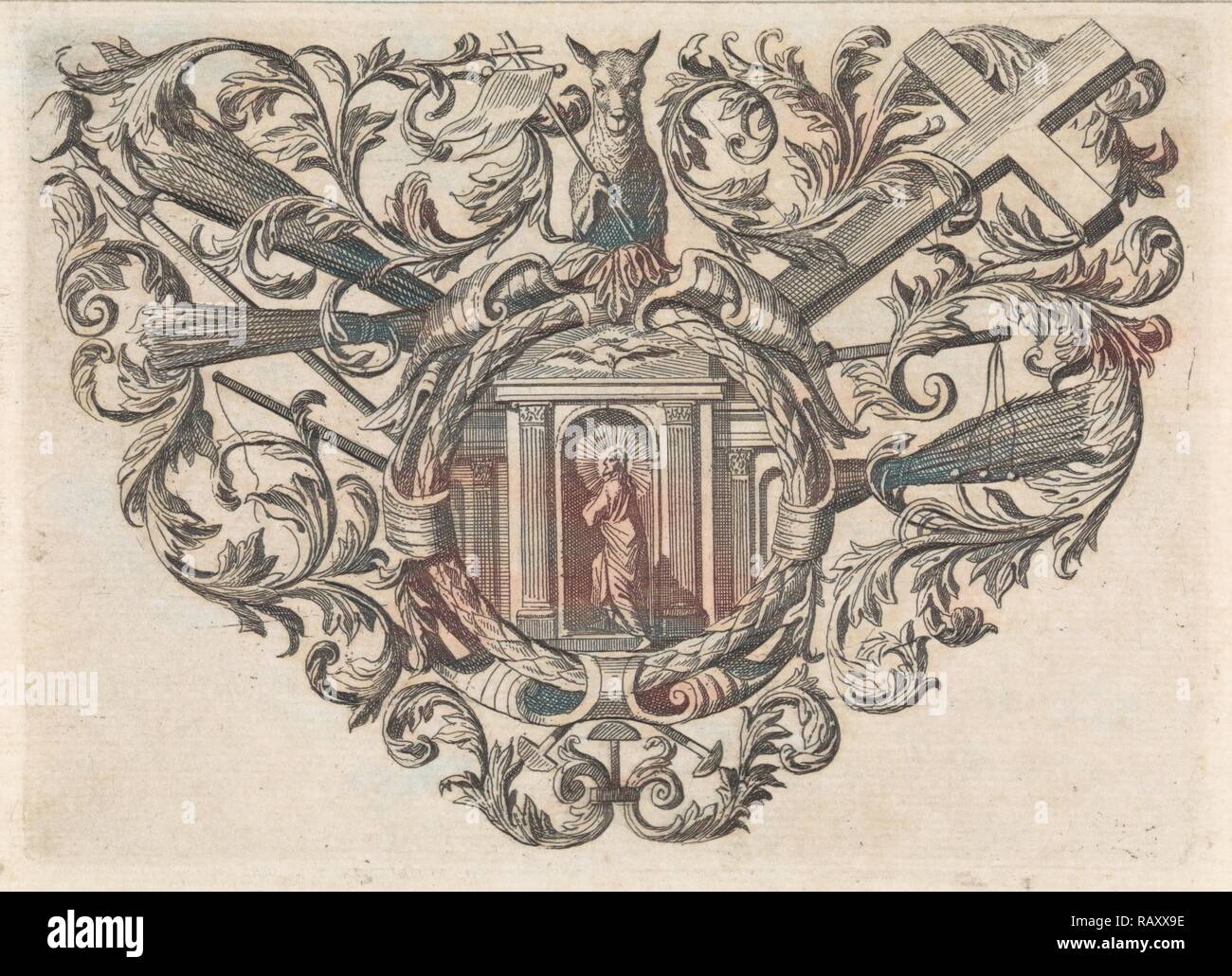 The image of Christ is contained in an ornamental frame with floral ...