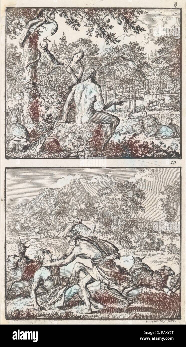 Adam and Eve in paradise, Abel beaten by Cain, Jan Luyken, 1698 ...