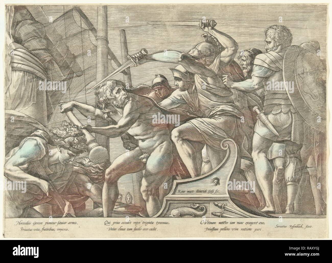 Hercules fights with Geryoneus (?), print maker: Hendrick Goltzius ...