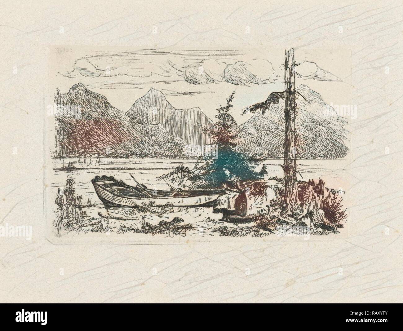 Mountain landscape with a moored boat, Joseph Hartogensis, c. 1837 ...