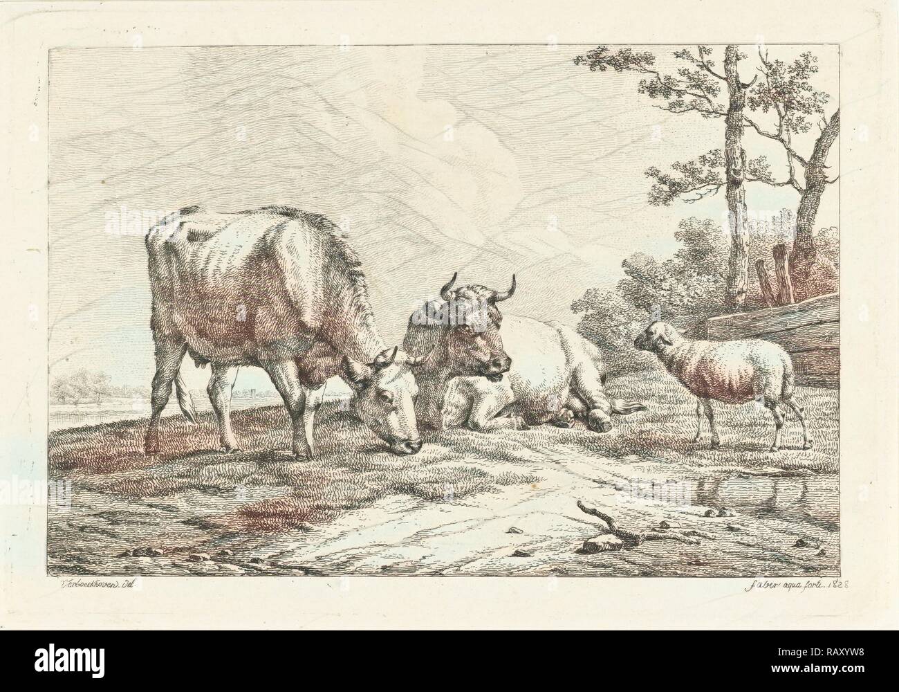 Two cows and a sheep, Frédéric Théodore Faber, 1828. Reimagined by ...