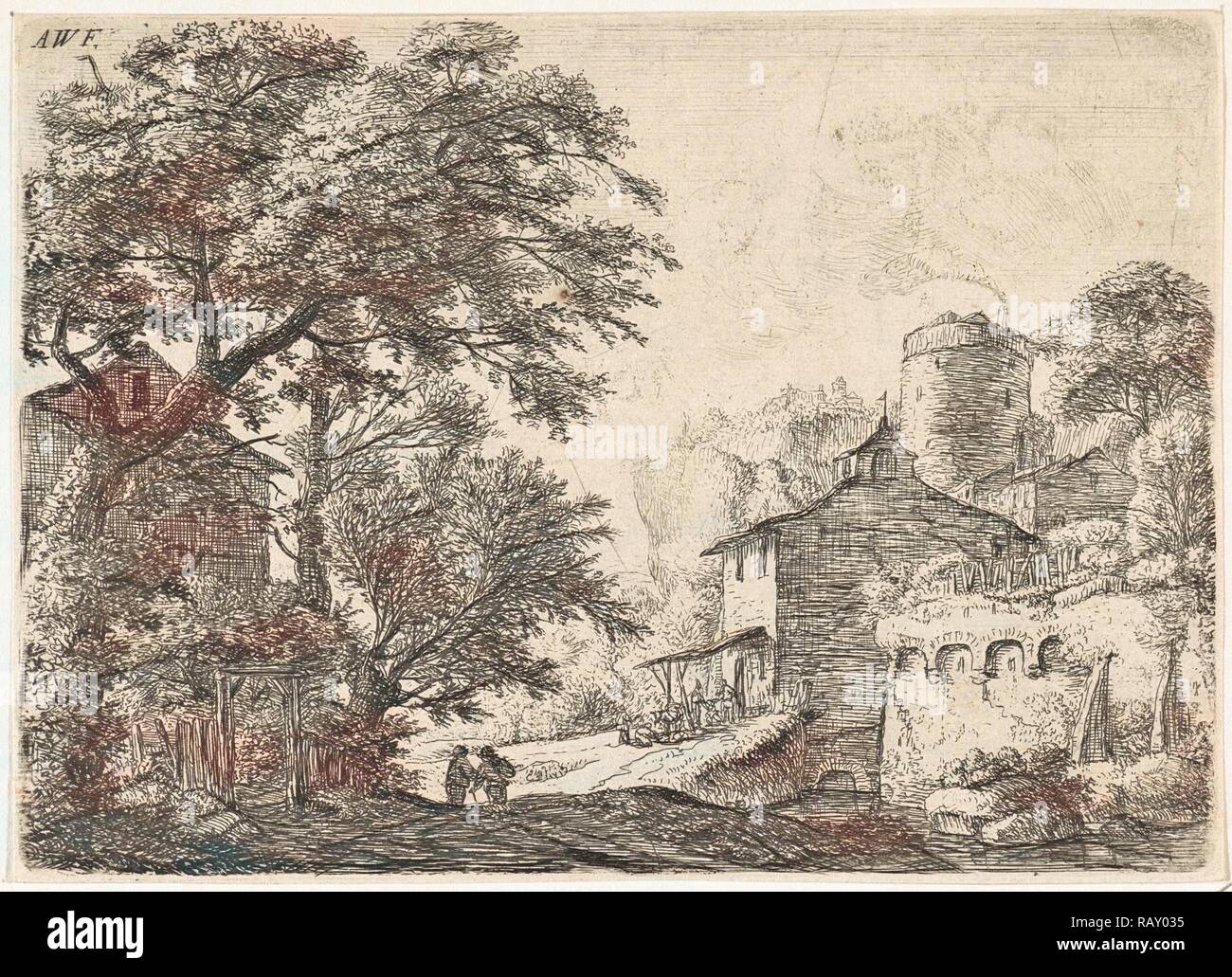 City wall with an inn, Anthonie Waterloo, 1630 - 1663. Reimagined by ...