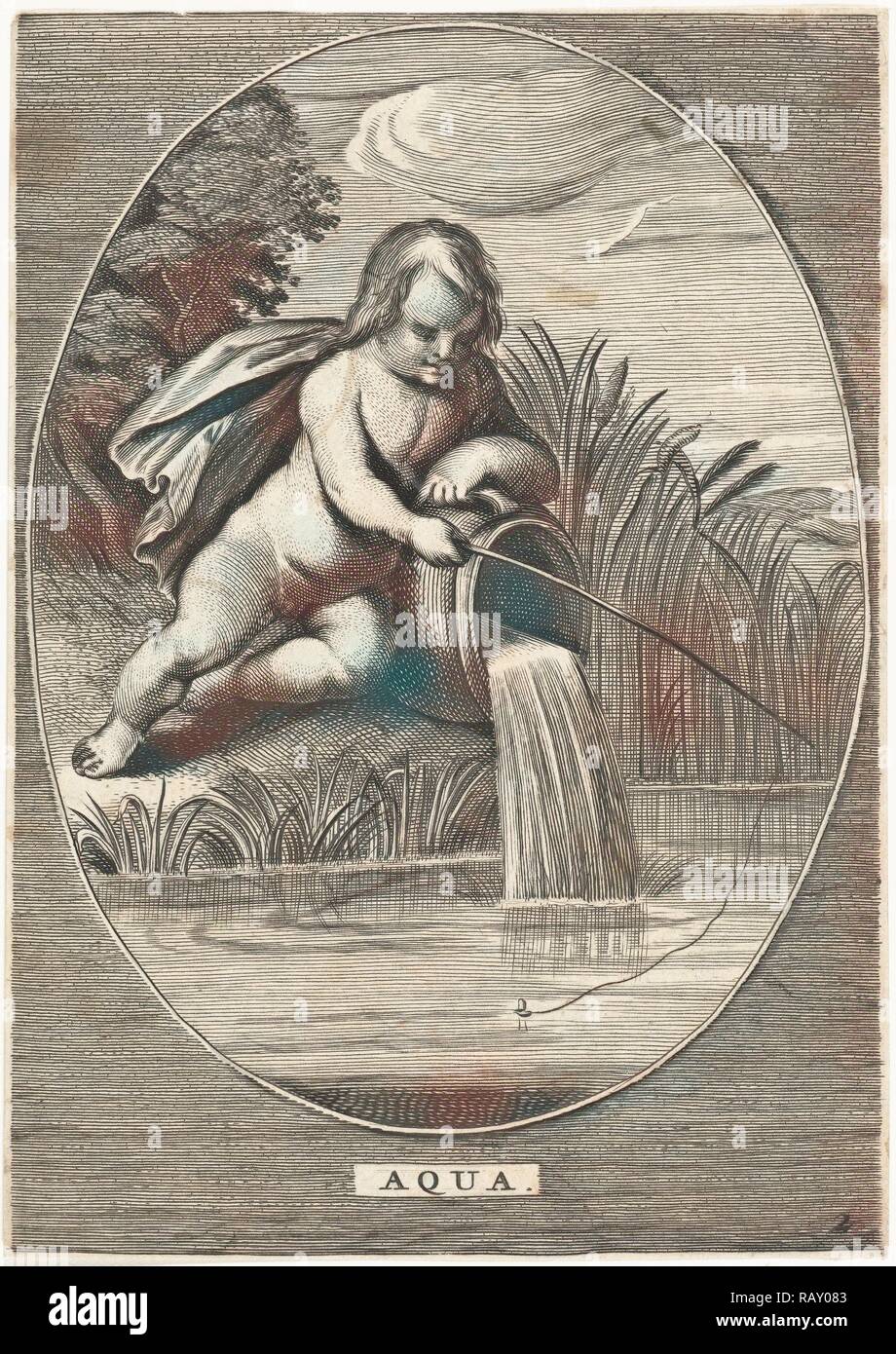 Element water as a child with fishing rod leaning on jar where water ...