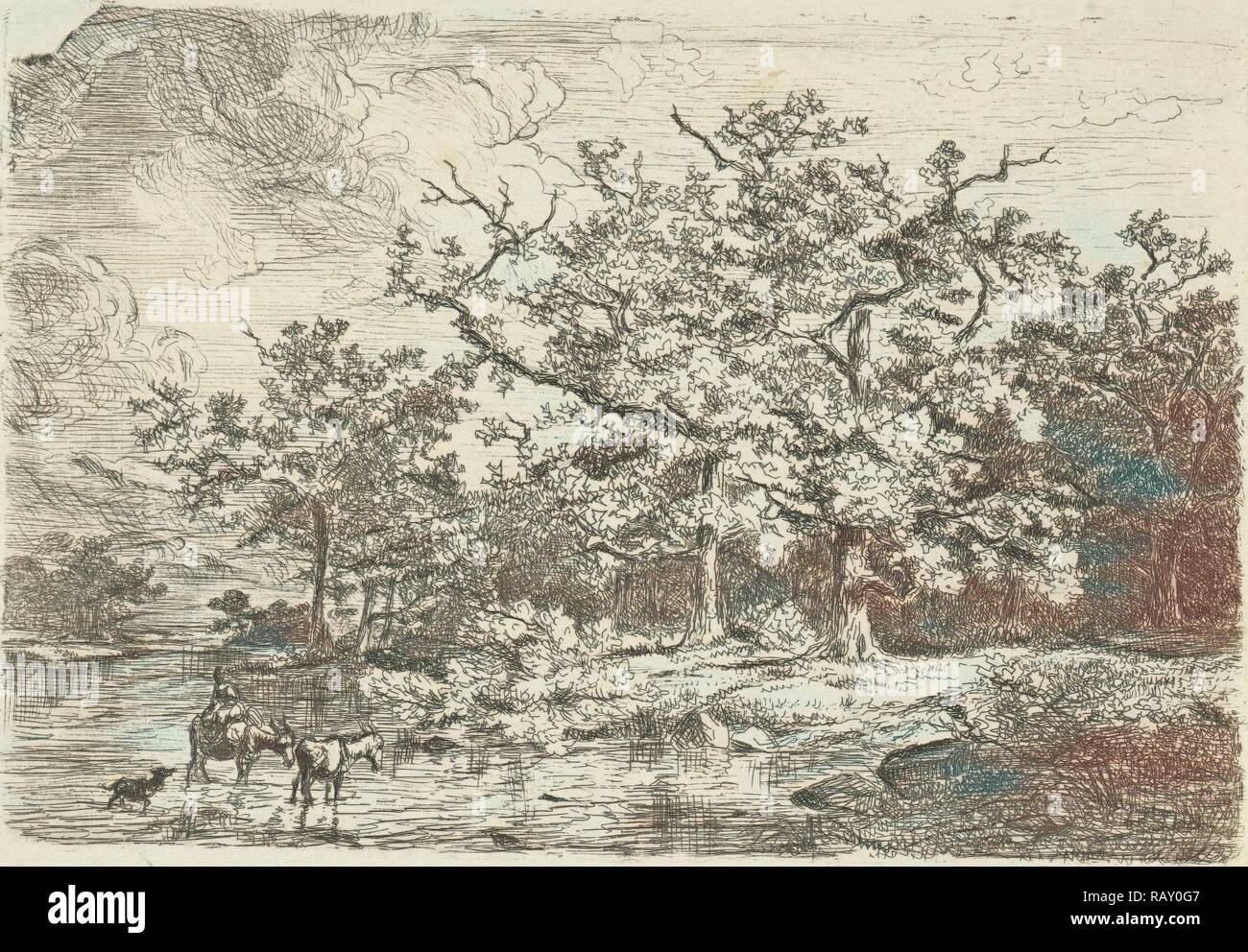 Landscape with trees and woman on a donkey in shallow water, Willem Jan ...