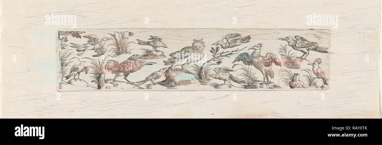 Frieze with eleven birds, at the left end of the frieze is a tree ...