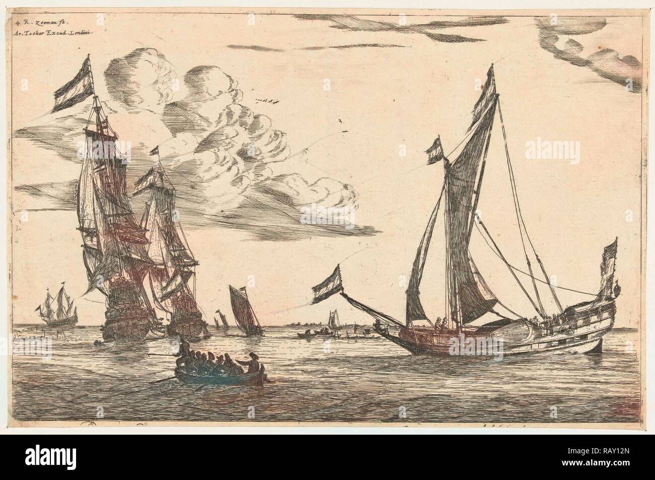 Two warships and hunting, print maker: Reinier Nooms, Arthur Tooker ...