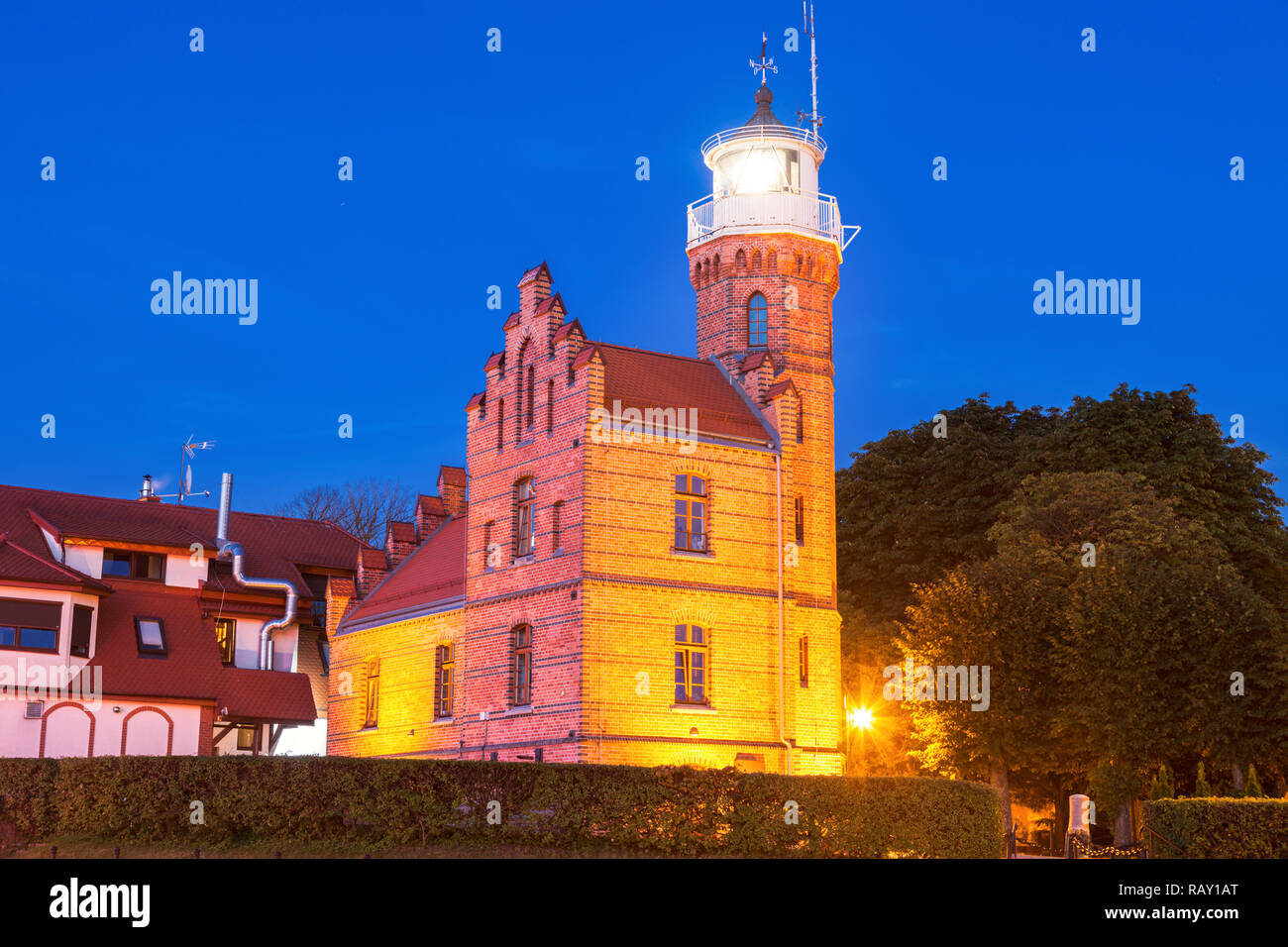 Lighthouse in Ustka seen at night. Ustka, Pomerania, Poland Stock Photo ...