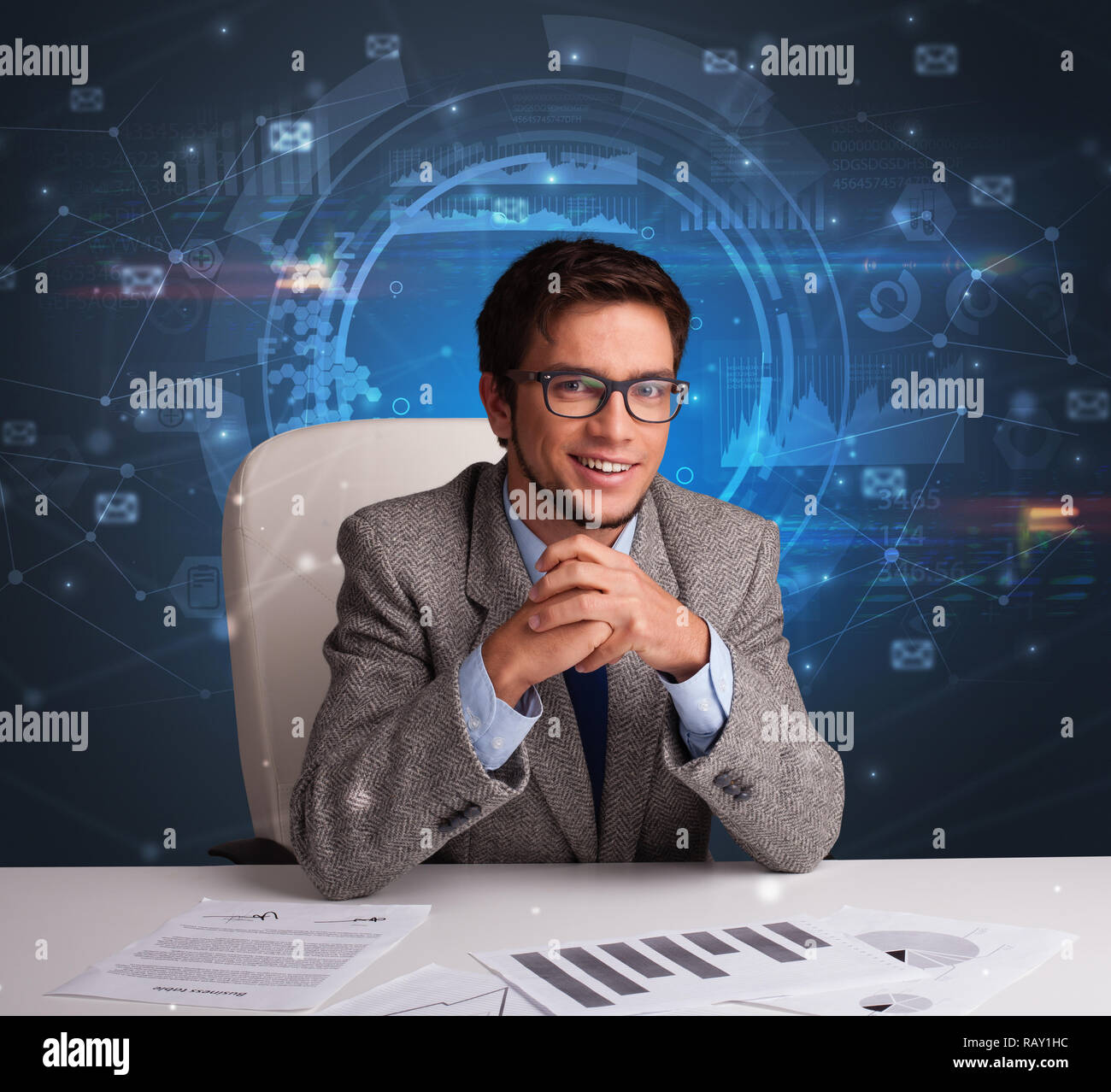 Manager in front of the office desk with connections and teamwork ...