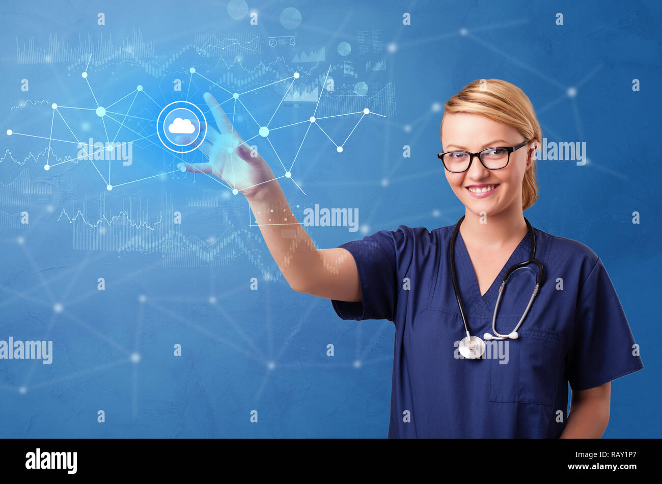 Doctor touching blue screen with virtual hospital concept Stock Photo ...