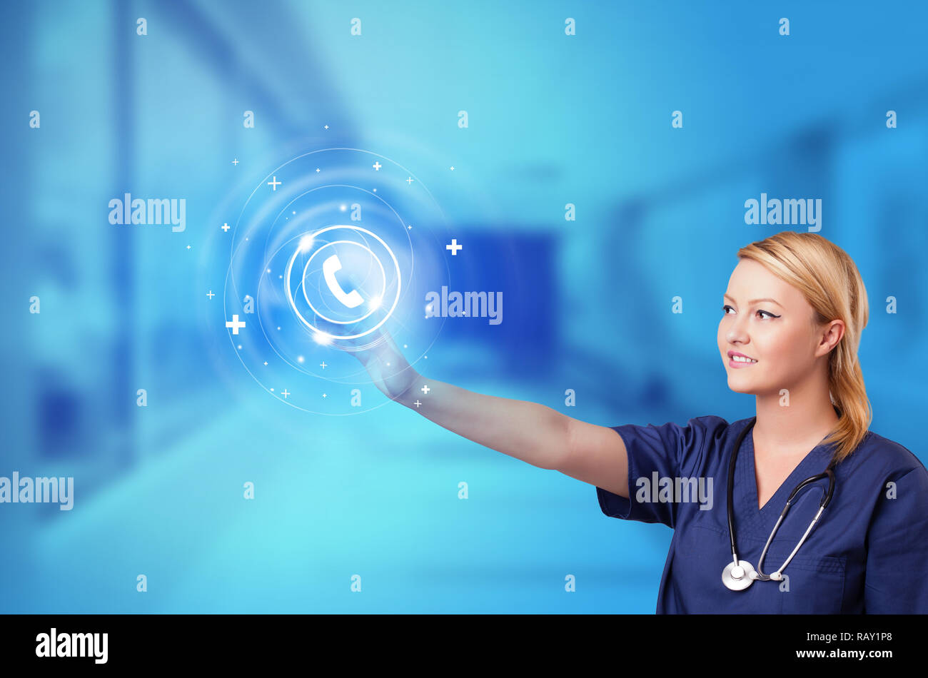 Doctor touching blue screen with call center concept Stock Photo - Alamy