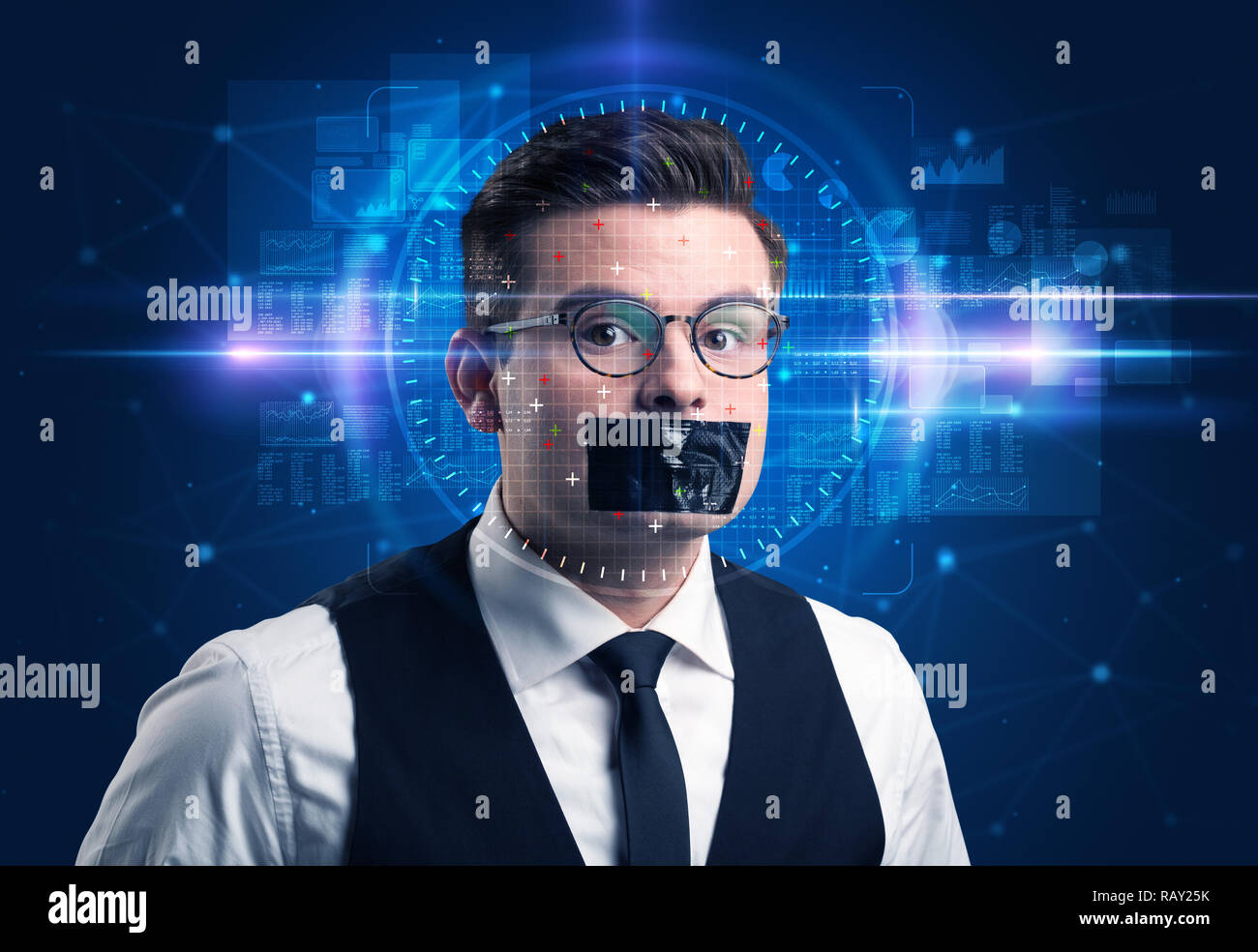 Facial recognition system. Young man on blue background Stock Photo - Alamy