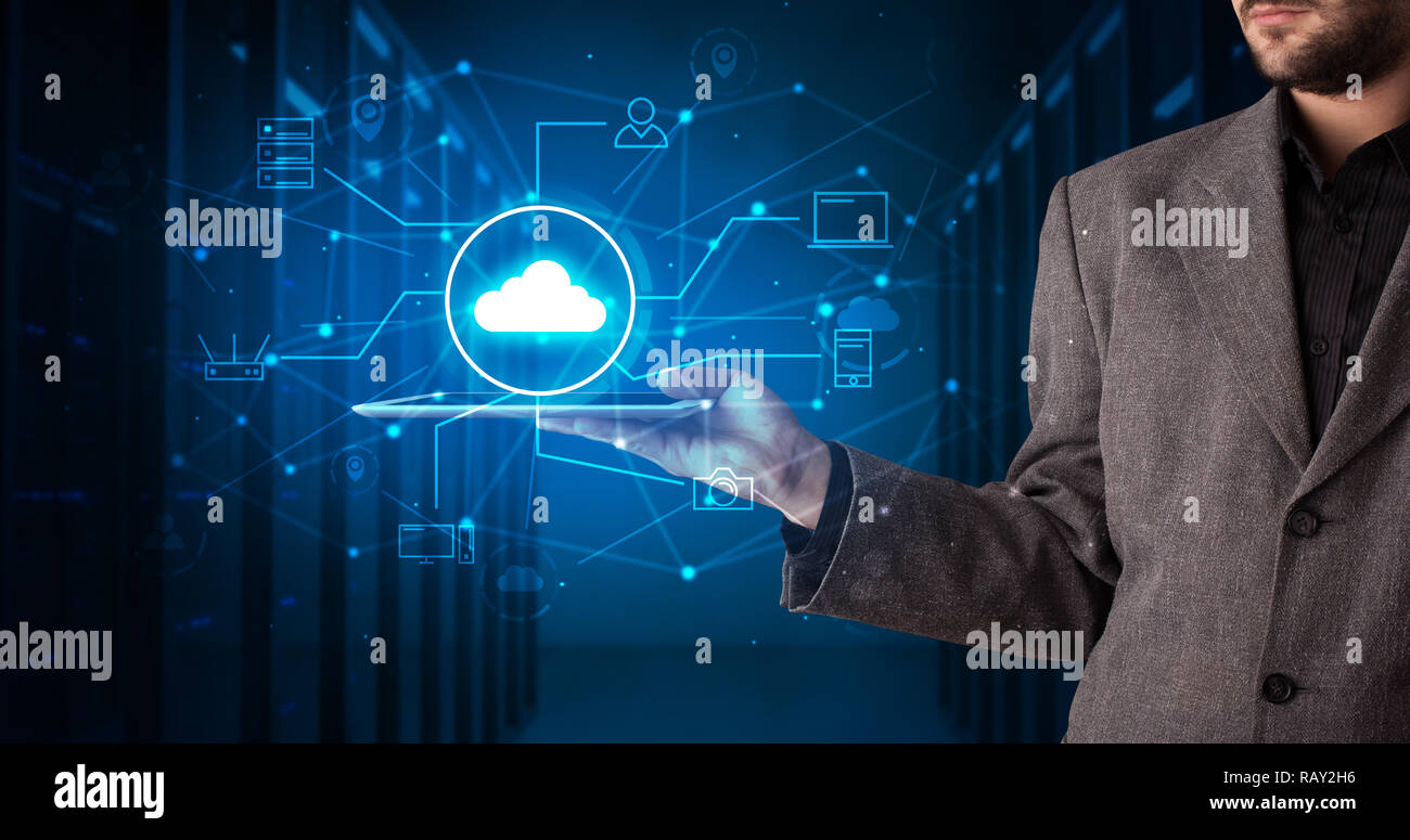 Formal hand in server room with virtual workspace concept Stock Photo ...