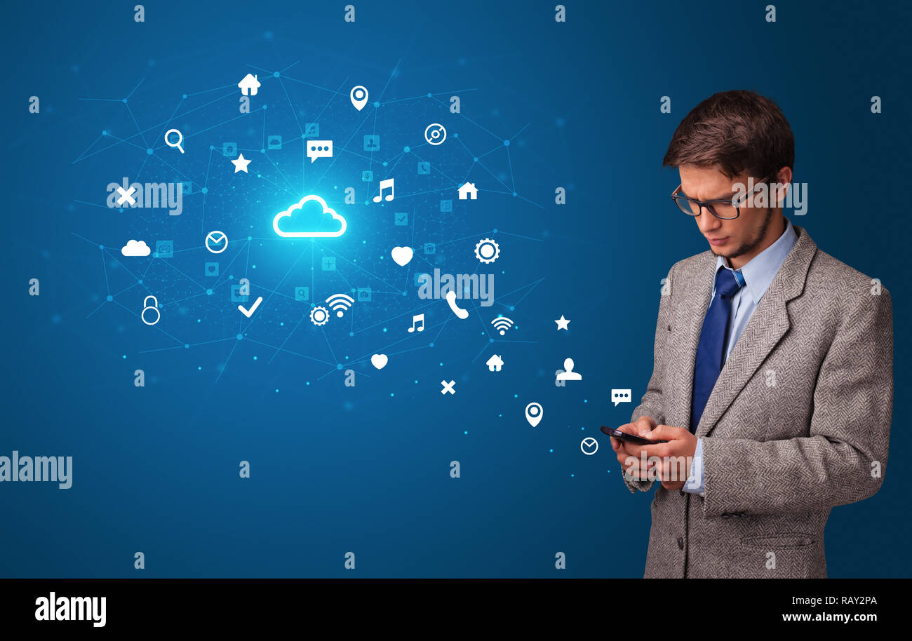 Young person using phone with cloud technology and online communication ...