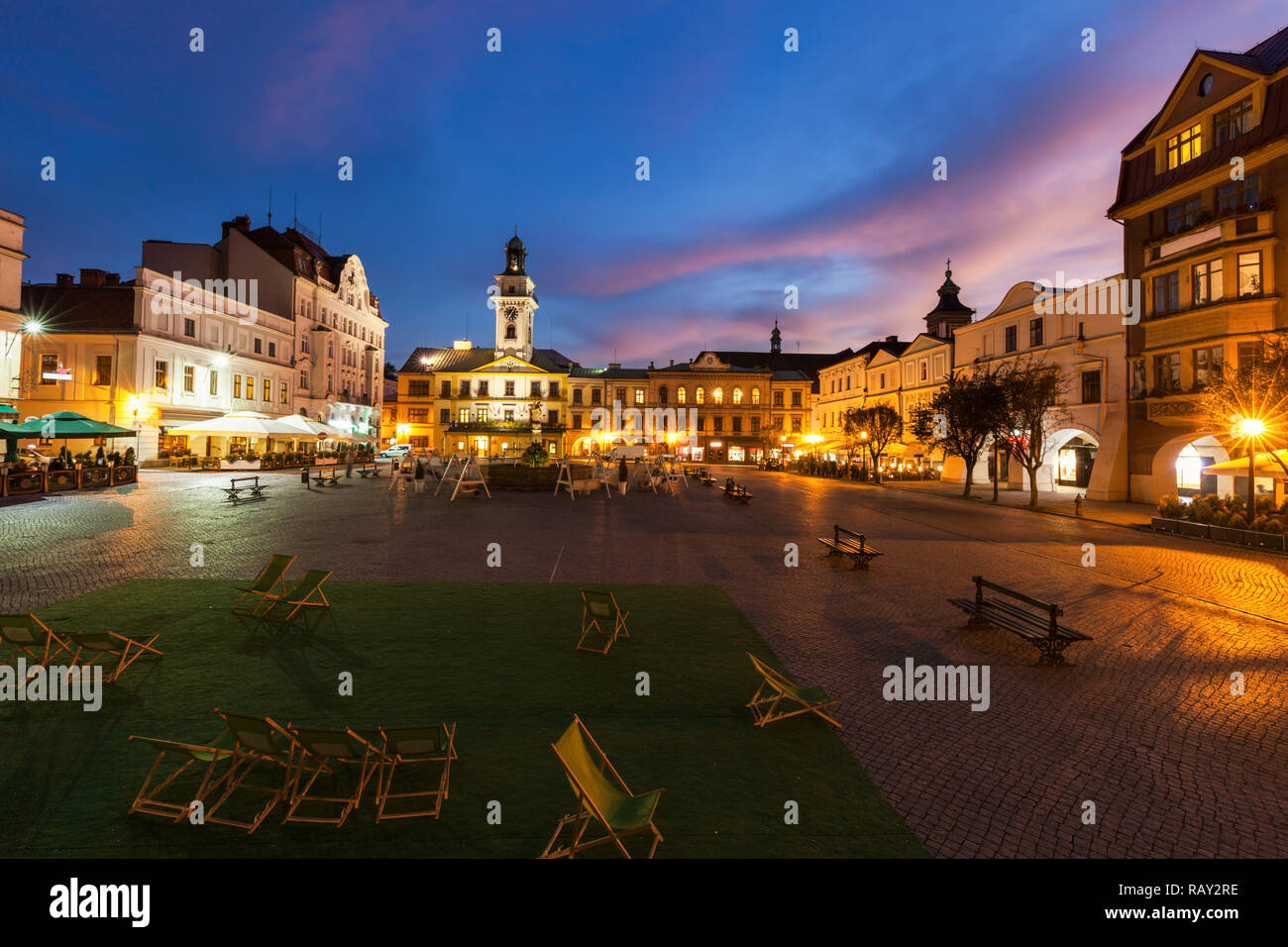 Main Square of Cieszyn at evening. Cieszyn, Slaskie, Poland Stock Photo ...