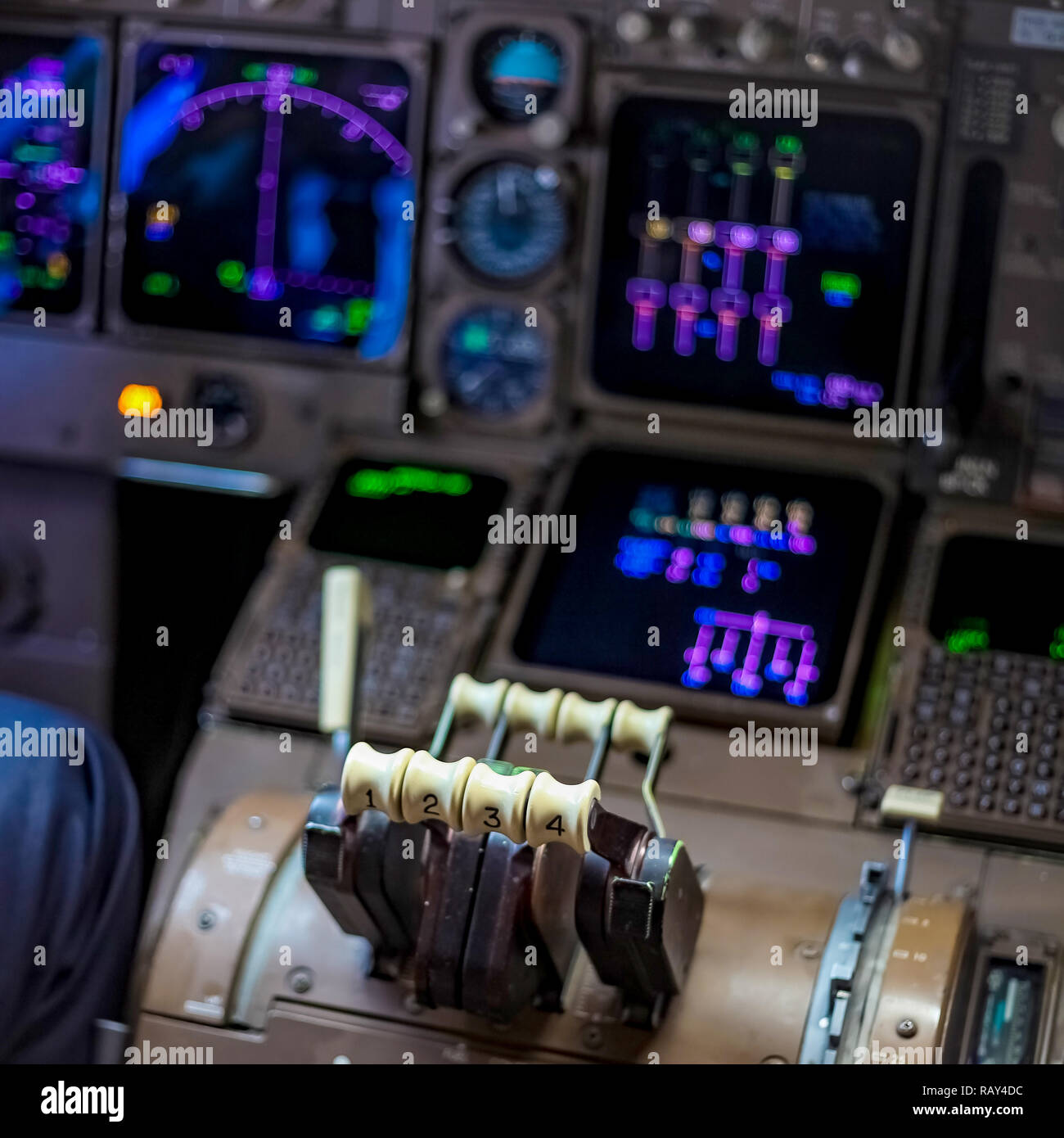 Close up of flight controls in an airplane cockpit, Jumbo large ...