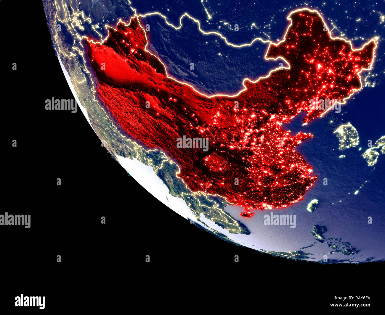 Orbit view of China at night with bright city lights. Very detailed ...