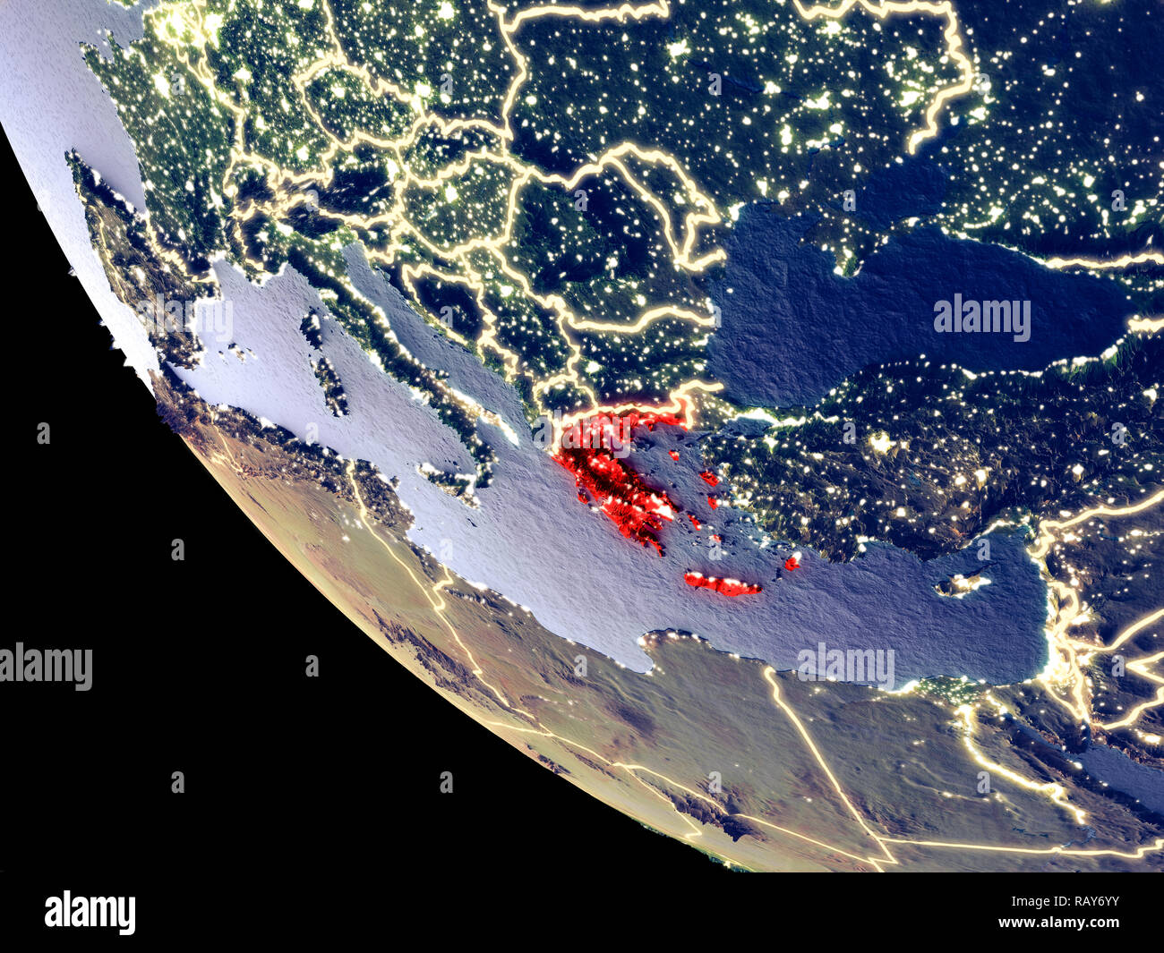 Orbit view of Greece at night with bright city lights. Very detailed ...