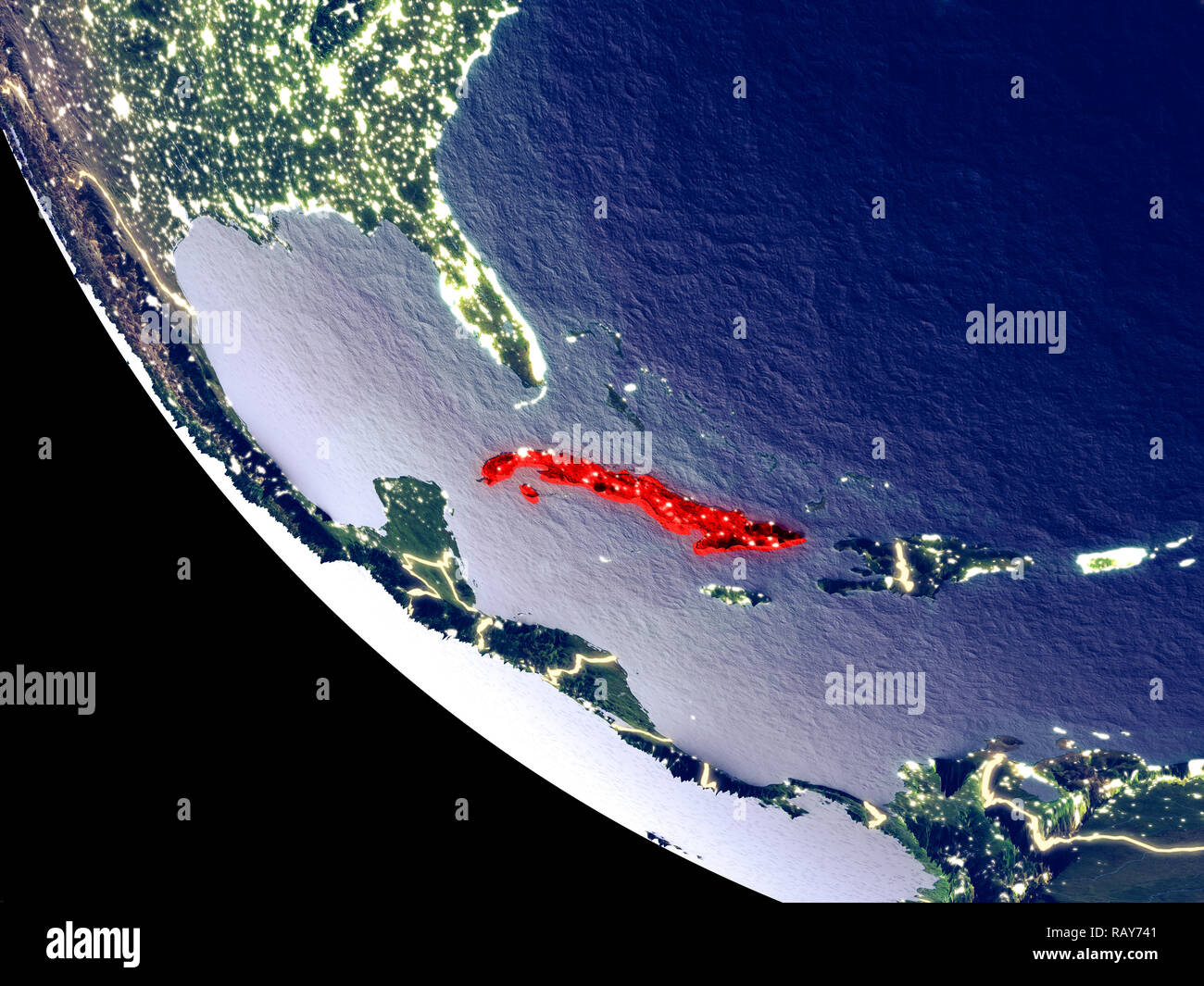 Orbit view of Cuba at night with bright city lights. Very detailed ...