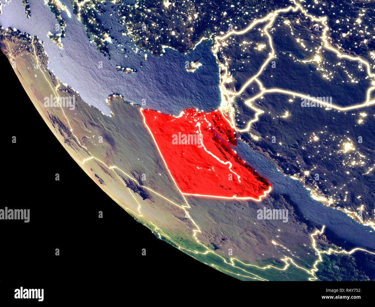 Orbit view of Egypt at night with bright city lights. Very detailed ...