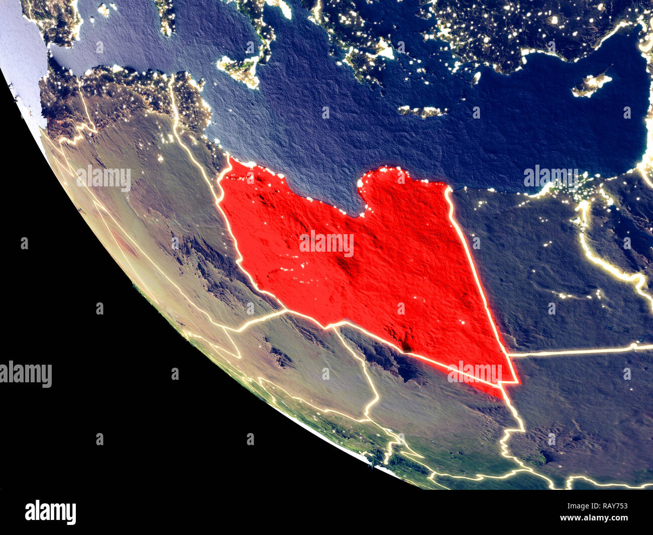 Orbit view of Libya at night with bright city lights. Very detailed ...