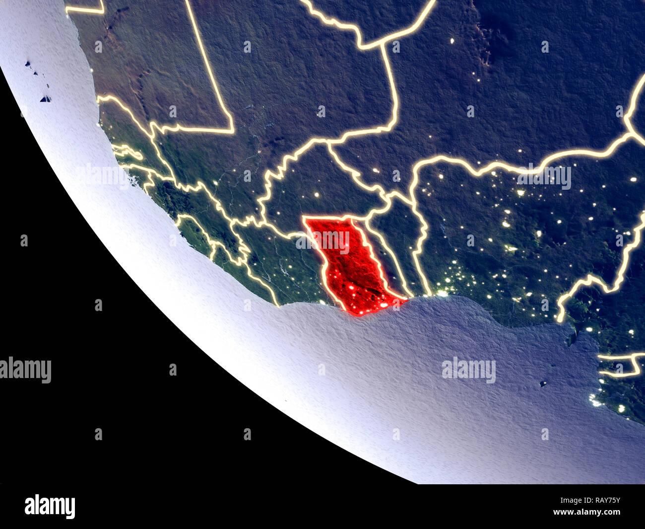 Orbit view of Ghana at night with bright city lights. Very detailed ...