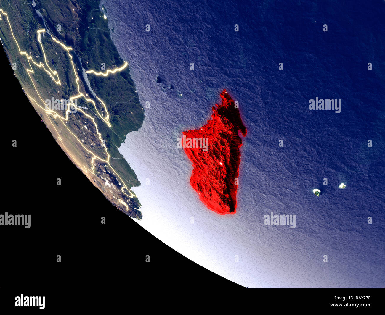 Orbit view of Madagascar at night with bright city lights. Very ...