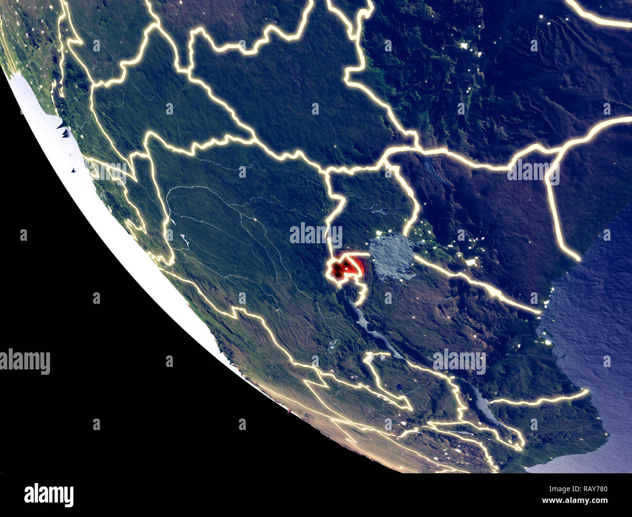 Orbit view of Rwanda at night with bright city lights. Very detailed ...
