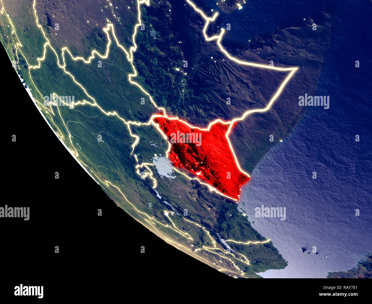 Orbit view of Kenya at night with bright city lights. Very detailed ...