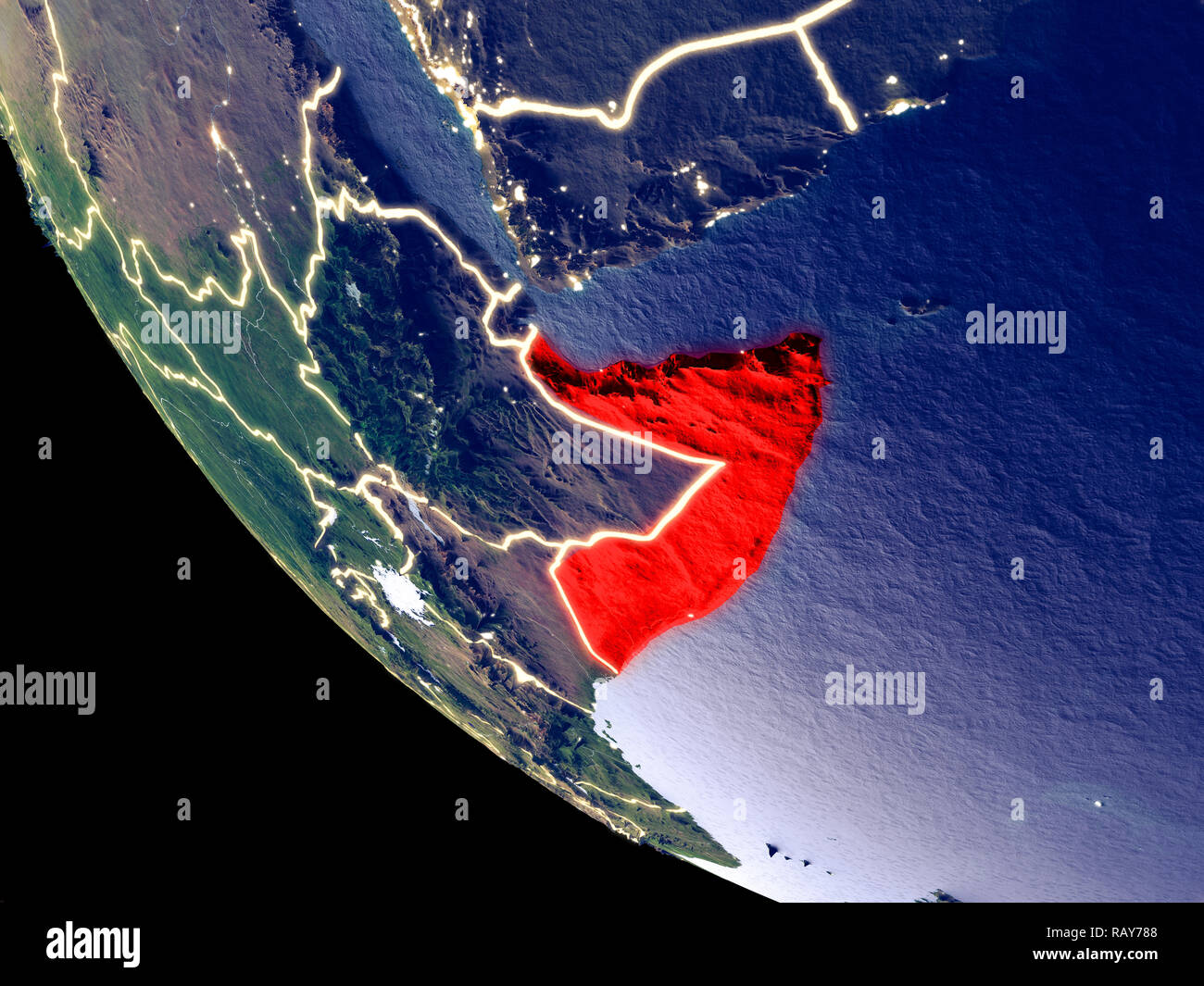 Orbit view of Somalia at night with bright city lights. Very detailed ...