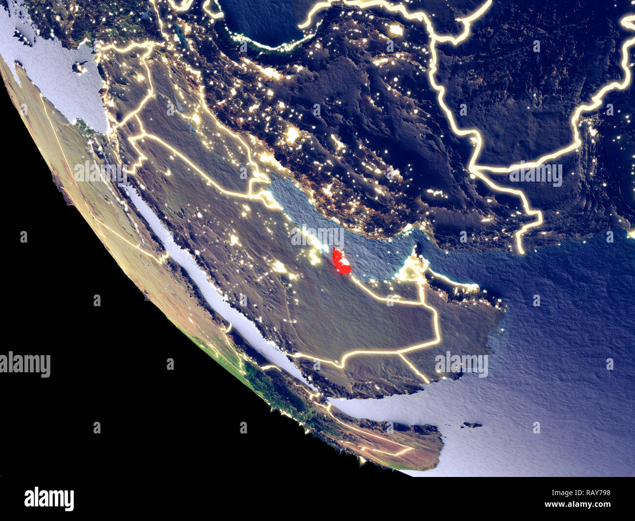 Orbit view of Qatar at night with bright city lights. Very detailed ...