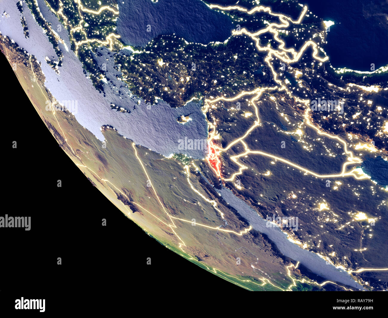 Orbit view of Israel at night with bright city lights. Very detailed ...