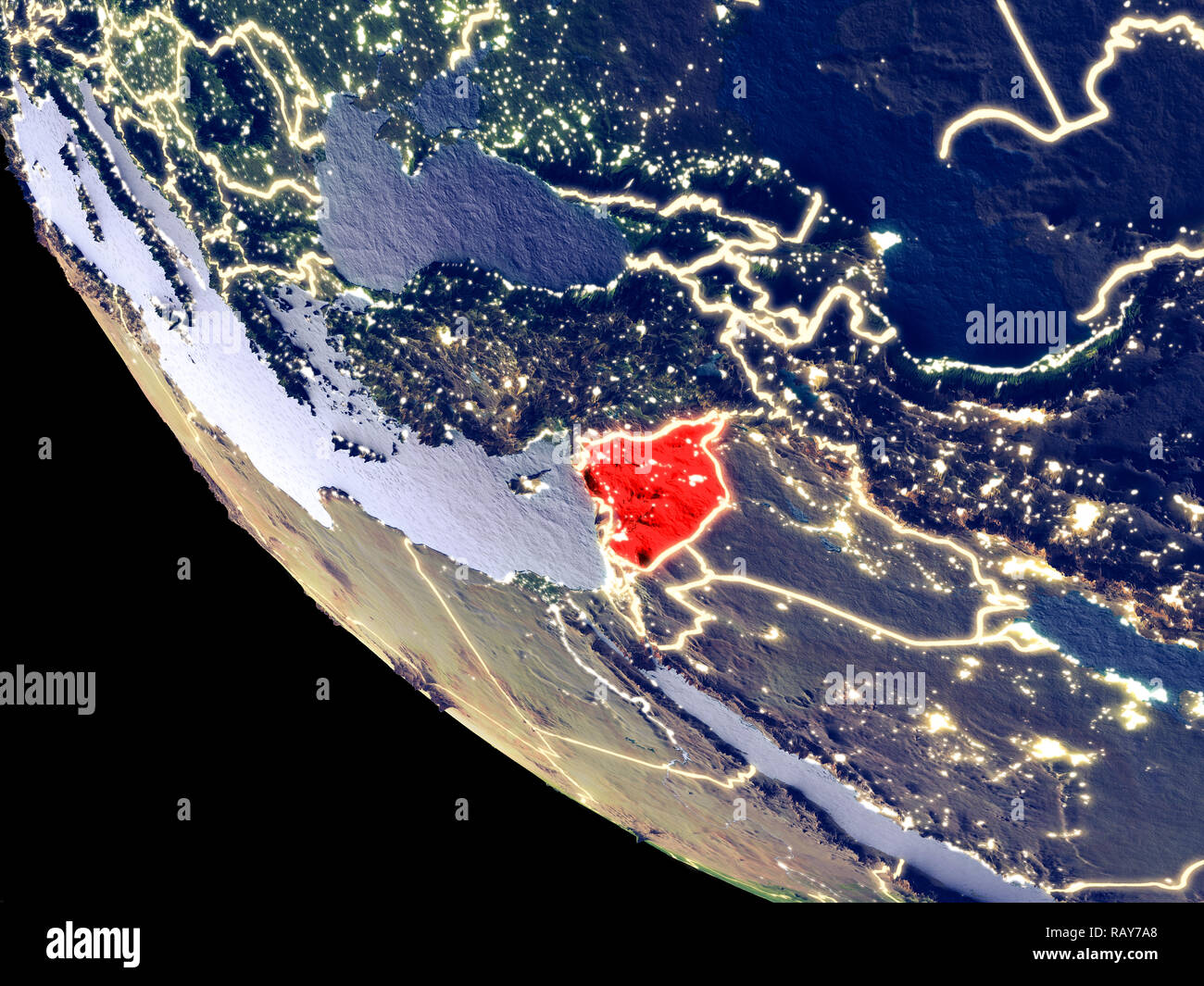Orbit view of Syria at night with bright city lights. Very detailed ...