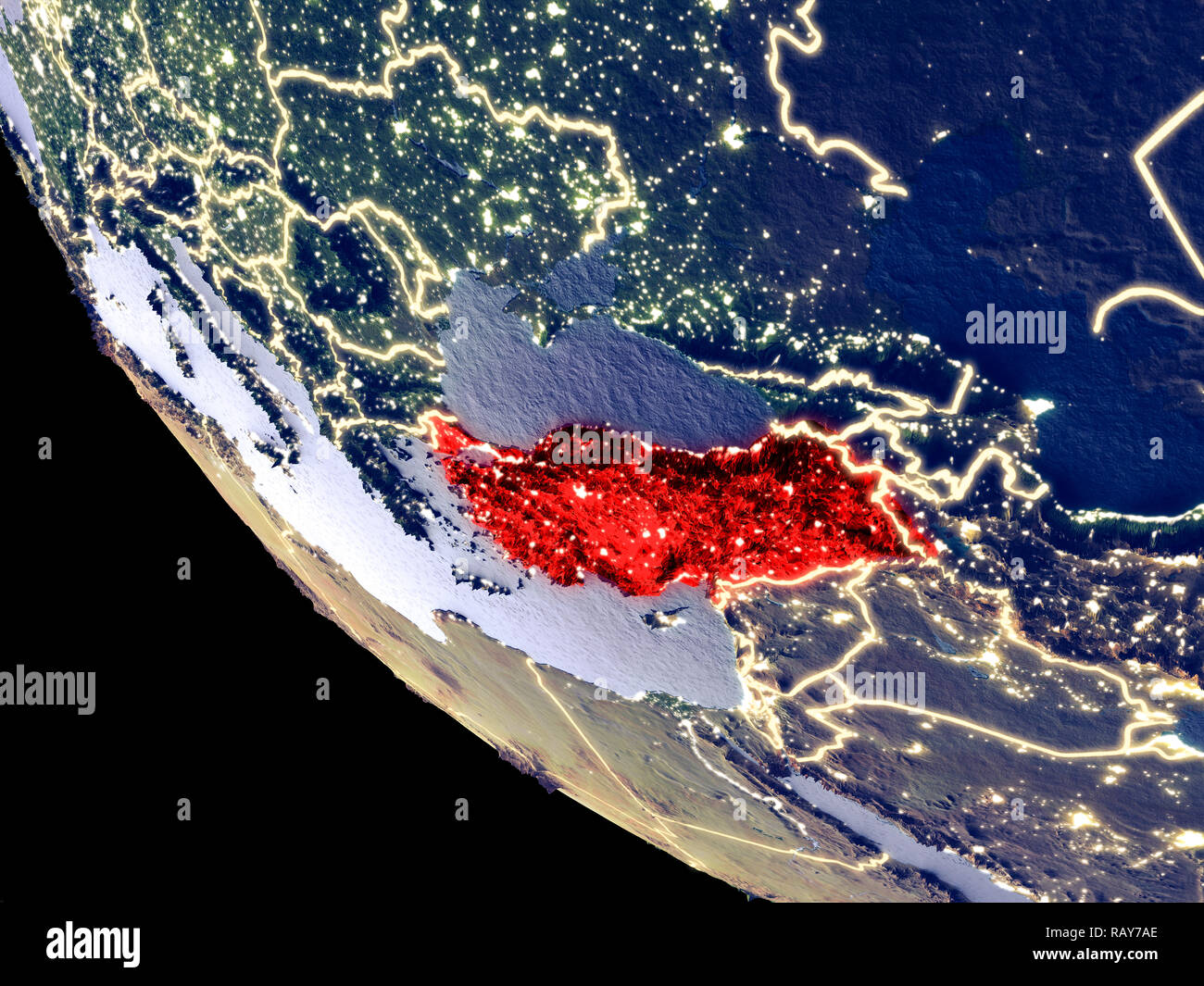 Orbit view of Turkey at night with bright city lights. Very detailed ...