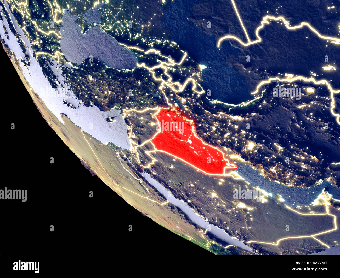 Orbit view of Iraq at night with bright city lights. Very detailed ...