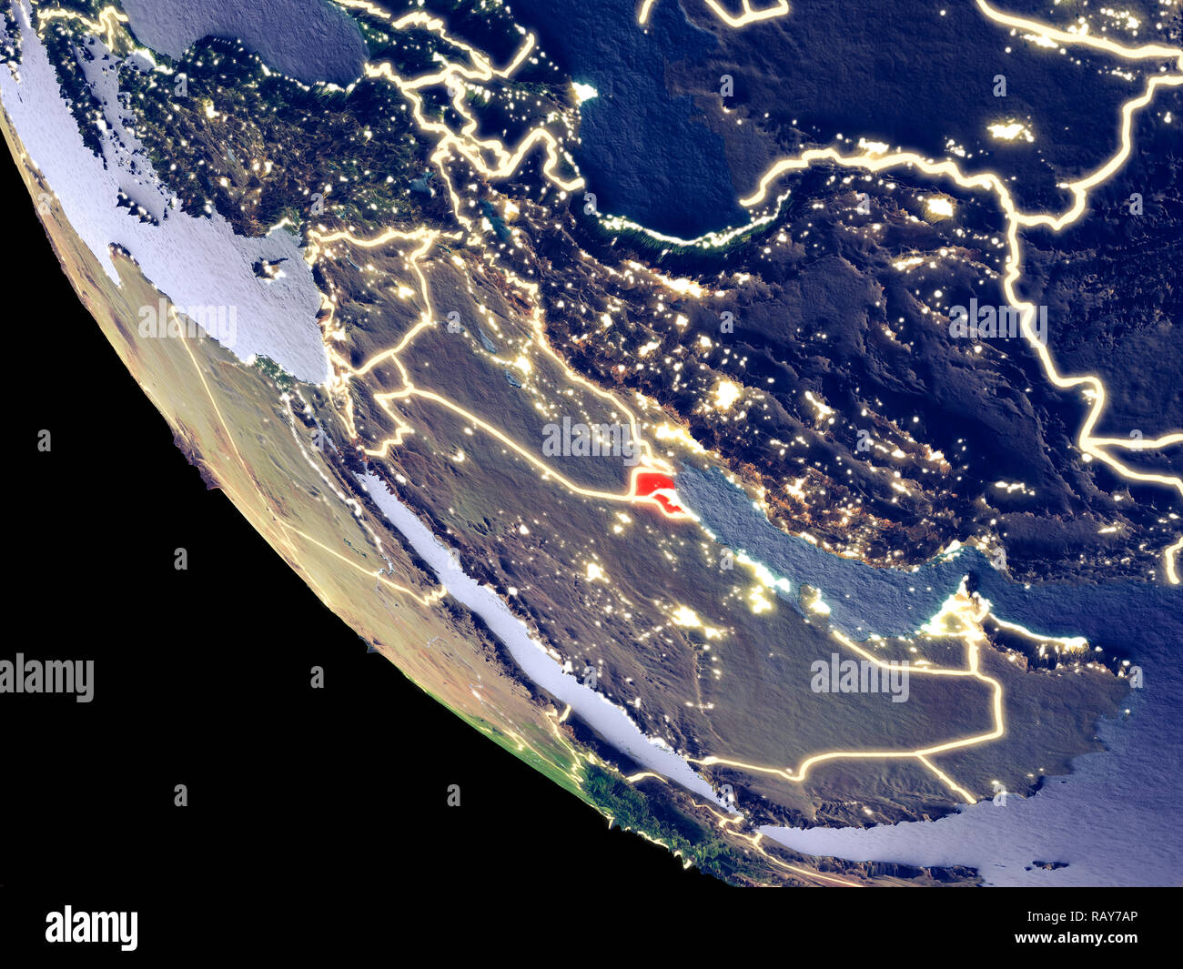 Orbit view of Kuwait at night with bright city lights. Very detailed ...