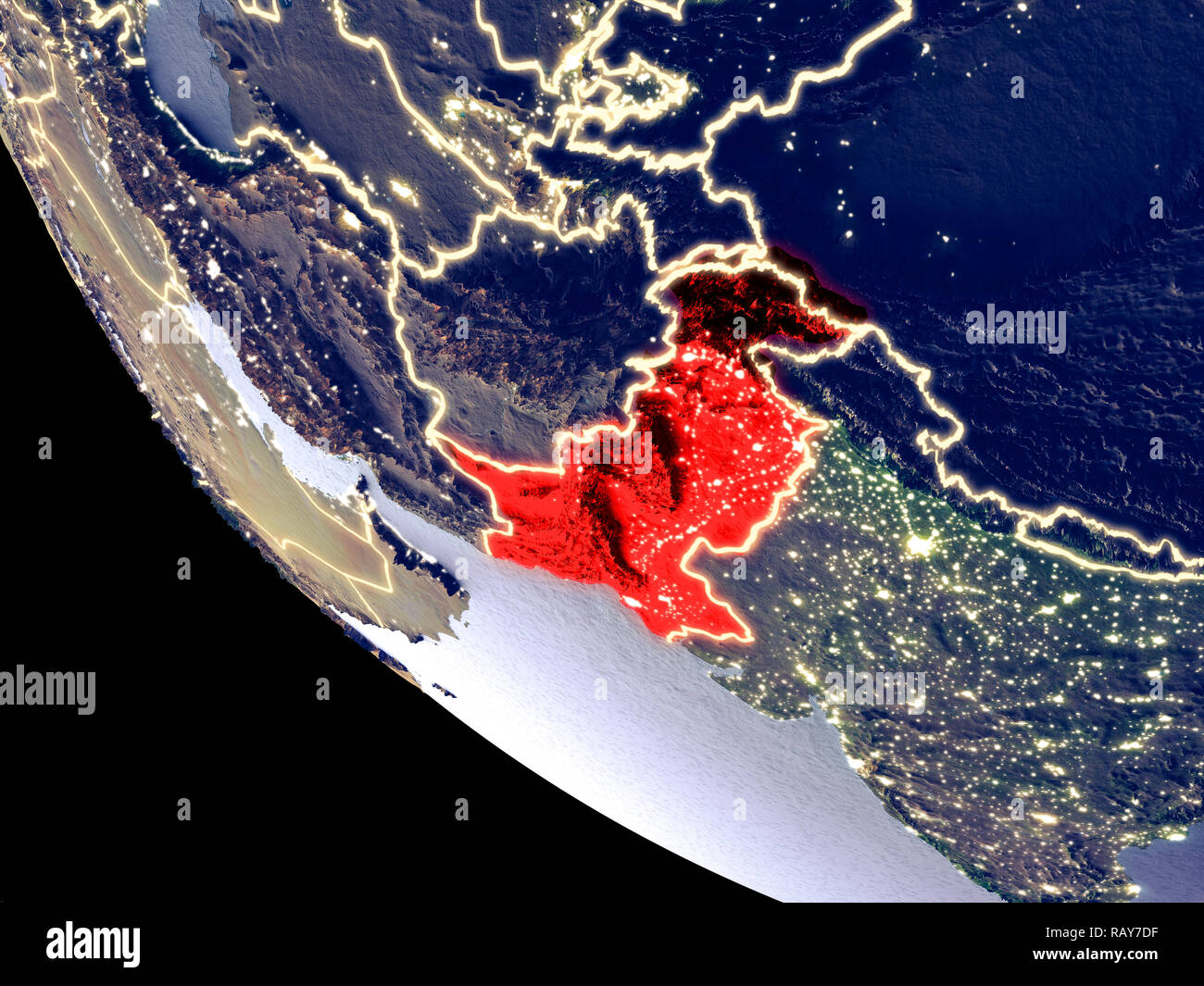 Orbit view of Pakistan at night with bright city lights. Very detailed ...