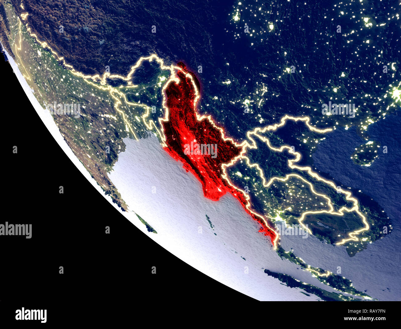 Orbit view of Myanmar at night with bright city lights. Very detailed ...