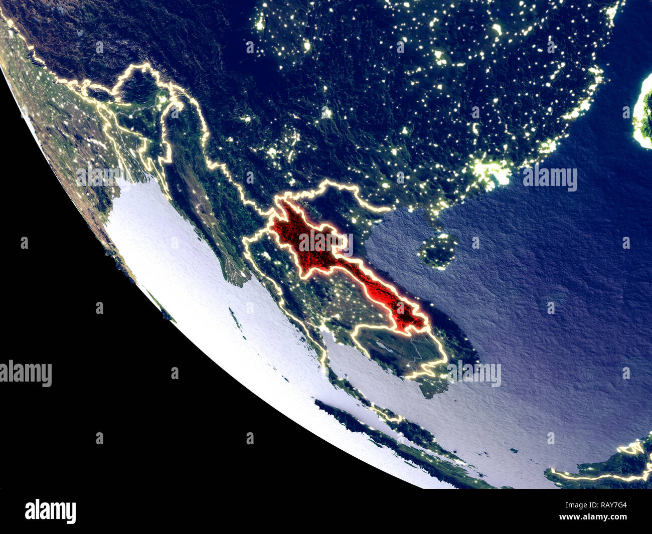 Orbit view of Laos at night with bright city lights. Very detailed ...