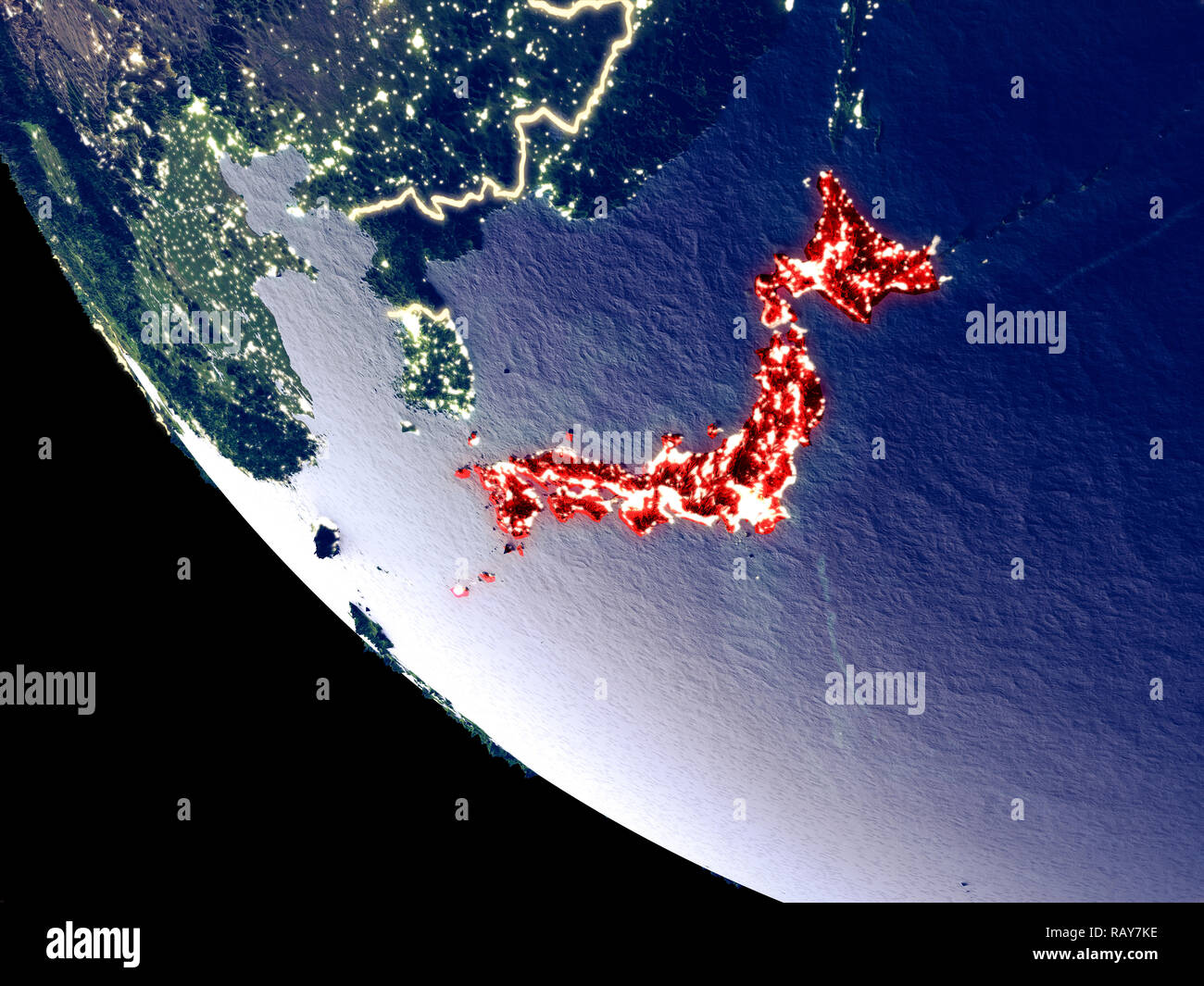Orbit view of Japan at night with bright city lights. Very detailed ...