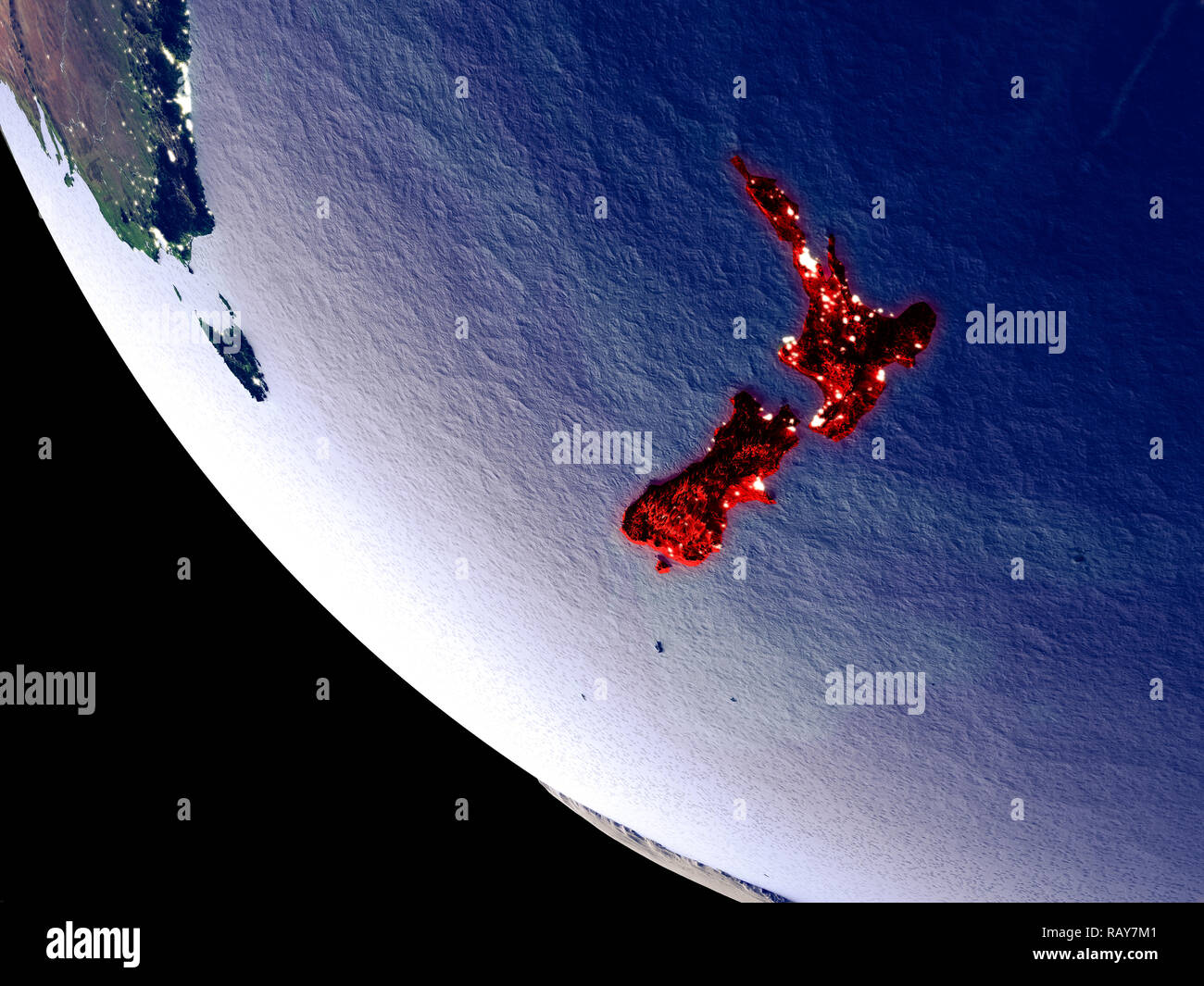 Orbit view of New Zealand at night with bright city lights. Very ...
