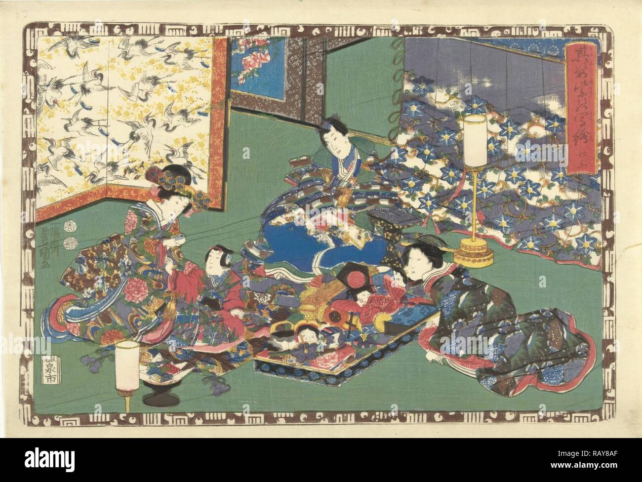 Prince Genji, two women and a girl sitting around large container with ...