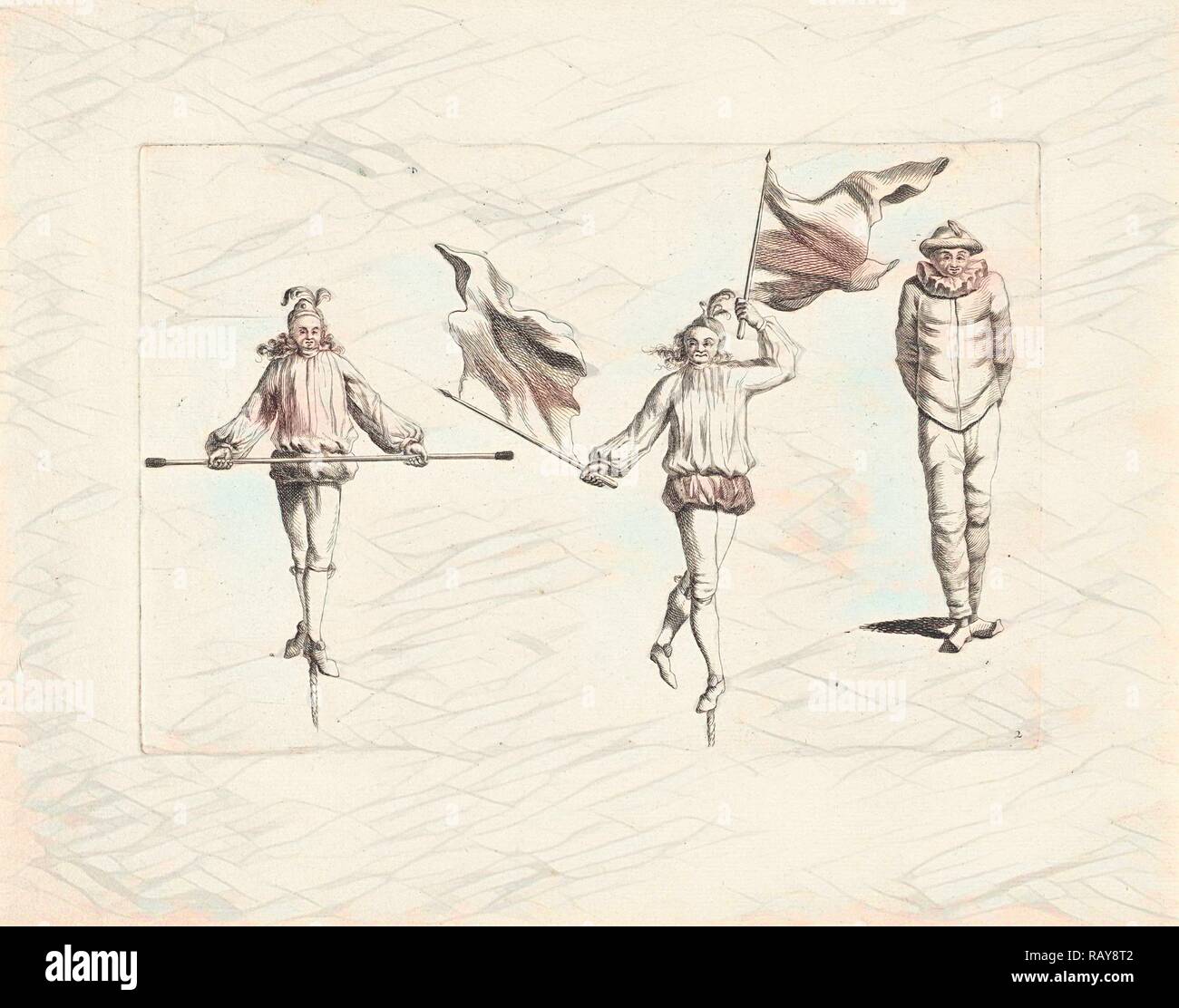 Two tightrope walkers with attributes and a clown, Anonymous, Gerardus ...