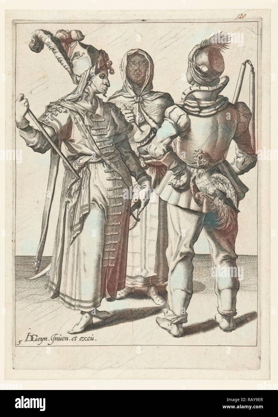 A veiled woman and two masked men, one with a cock on his belt, Jacob ...