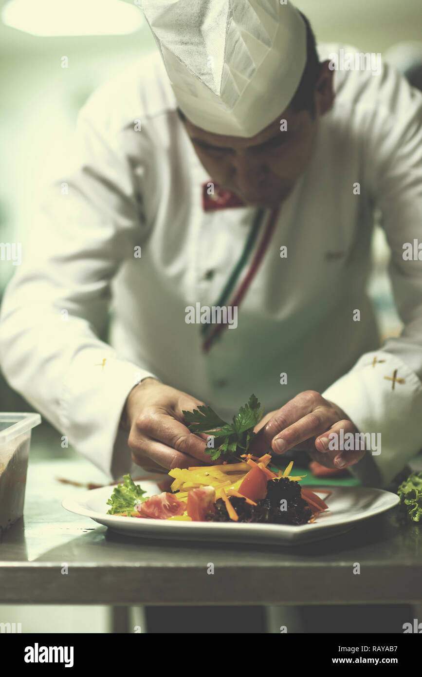 chef serving vegetable salad on plate in restaurant kitchen Stock Photo ...