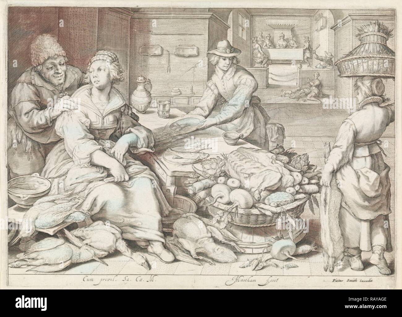 Kitchen piece with parable of the rich man and Lazarus, Jacob Matham ...