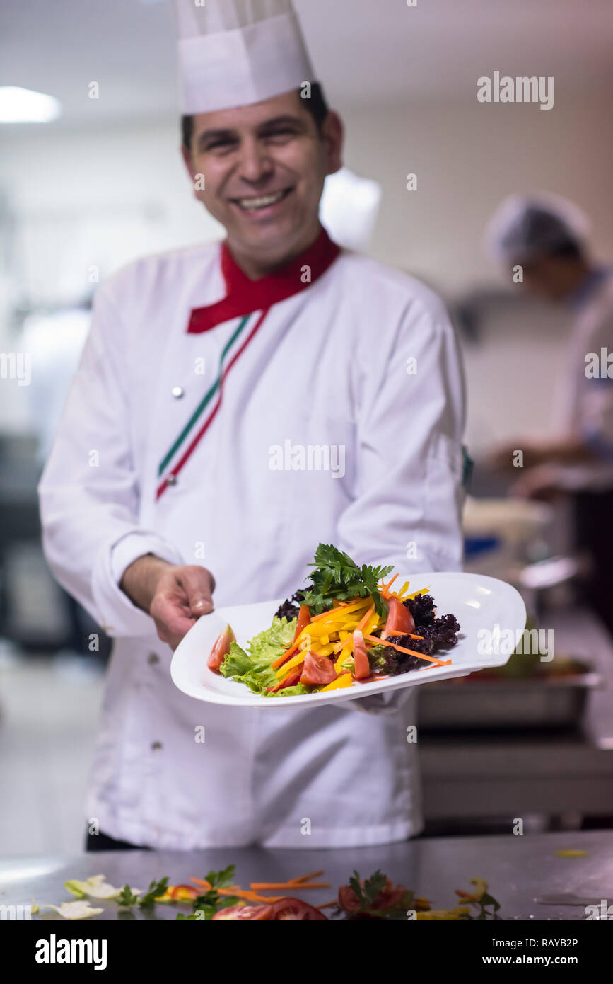 young Chef presenting a plate of tasty meal in commercial kitchen Stock ...