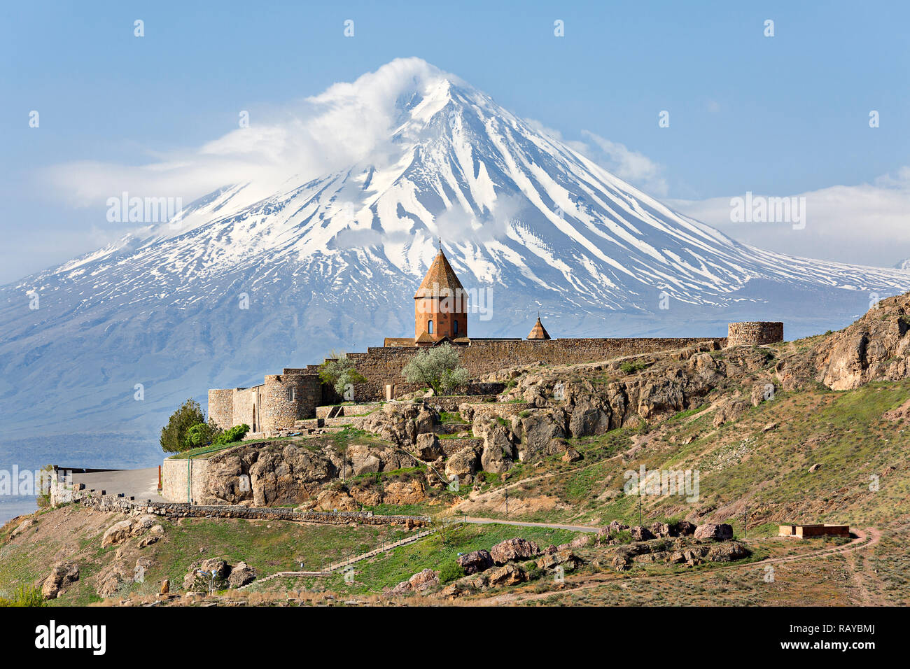 Khor Virap, Armenian orthodox religious complex with Mount Ararat in the background, in Artashat ...