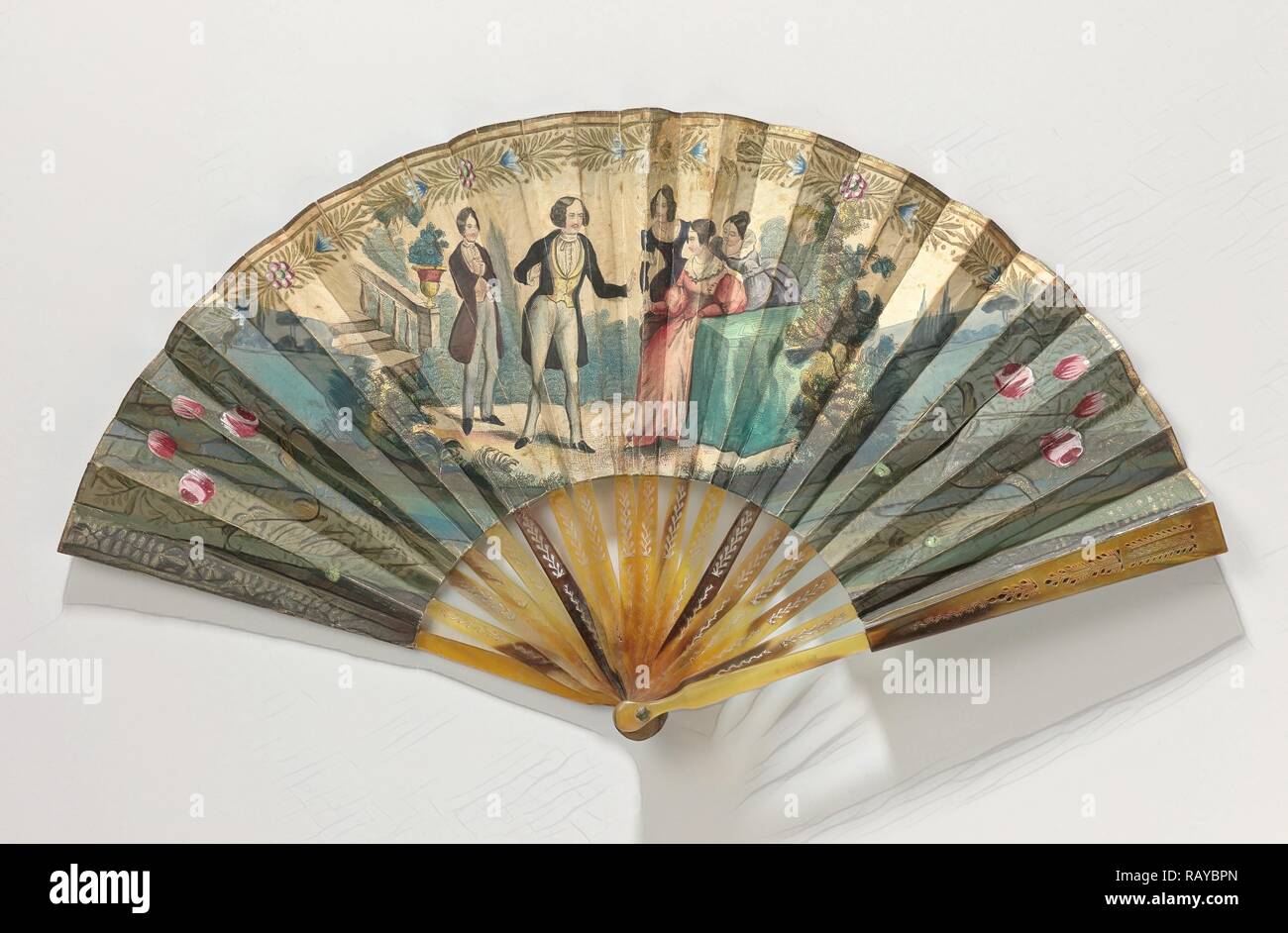 Folding fan with sheet of paper on which a copper engraving with a ...