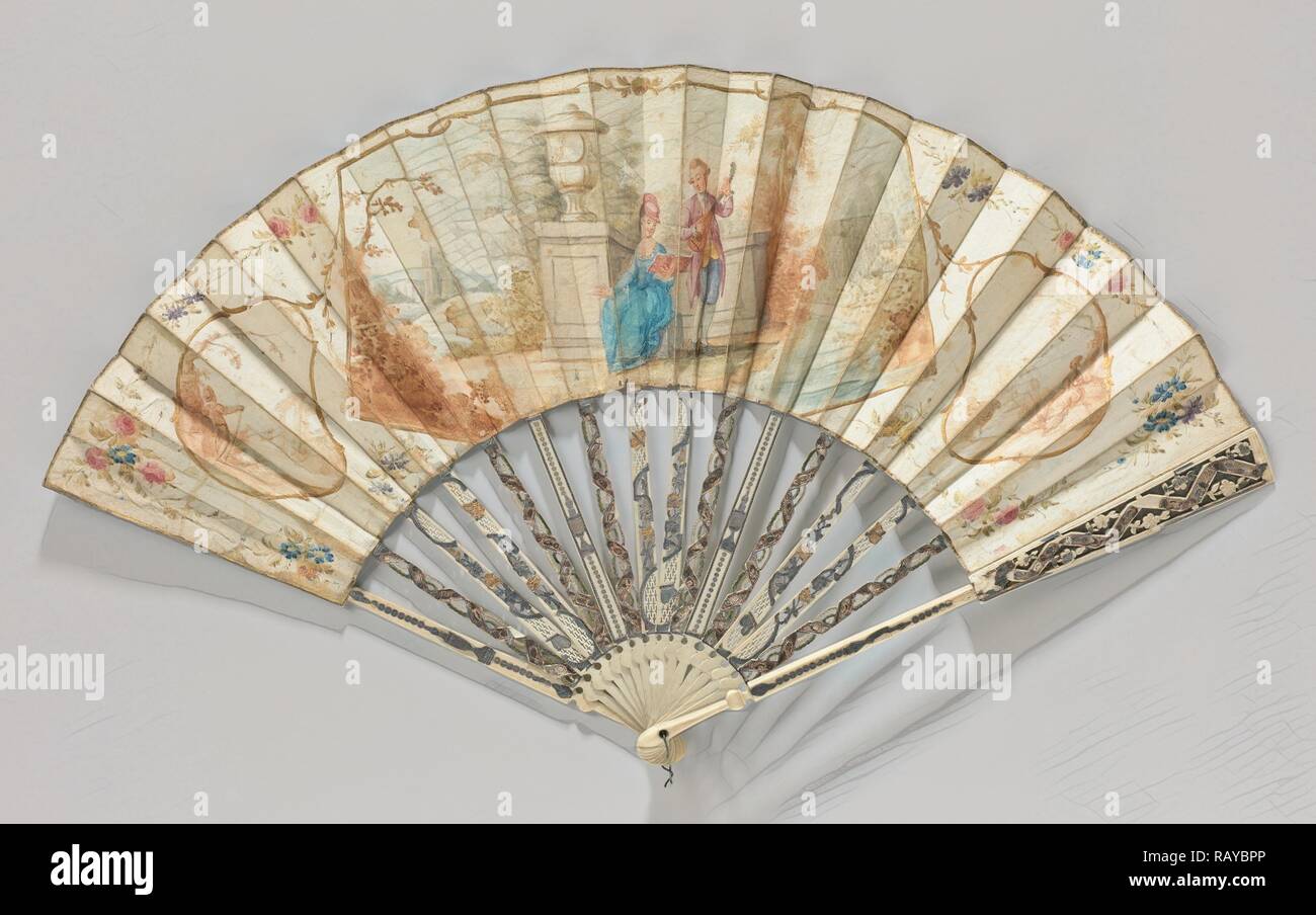 Folding fan with sheet of paper in watercolor a picture of a couple ...