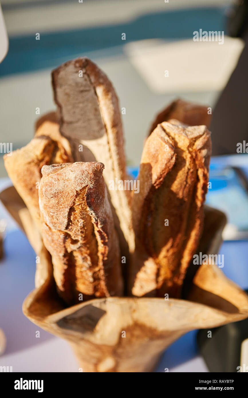 Traditional Crusty French Baguette Bread In Baskets Stock Photo Alamy